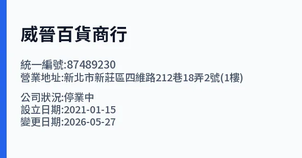 威晉百貨商行的照片-統編 87489230(新北市) 公司登記資料與營業項目詳細圖表