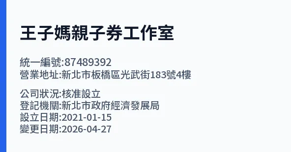 王子媽親子券工作室的照片-統編 87489392(新北市) 公司登記資料與營業項目詳細圖表