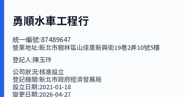 勇順水車工程行的照片-統編 87489647(新北市) 公司登記資料與營業項目詳細圖表