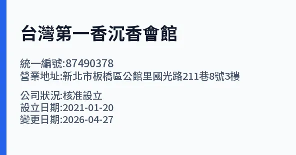 台灣第一香沉香會館的照片-統編 87490378(新北市) 公司登記資料與營業項目詳細圖表