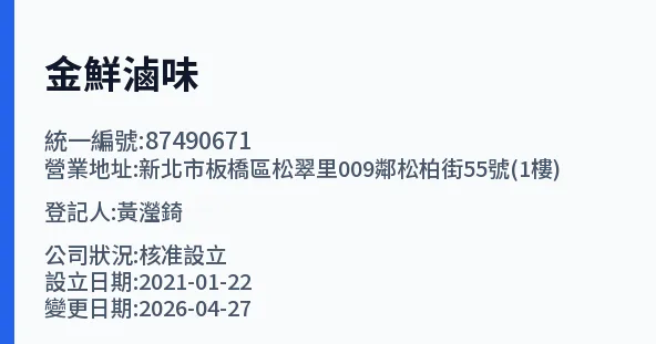 金鮮滷味的照片-統編 87490671(新北市) 公司登記資料與營業項目詳細圖表