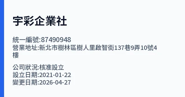 宇彩企業社的照片-統編 87490948(新北市) 公司登記資料與營業項目詳細圖表