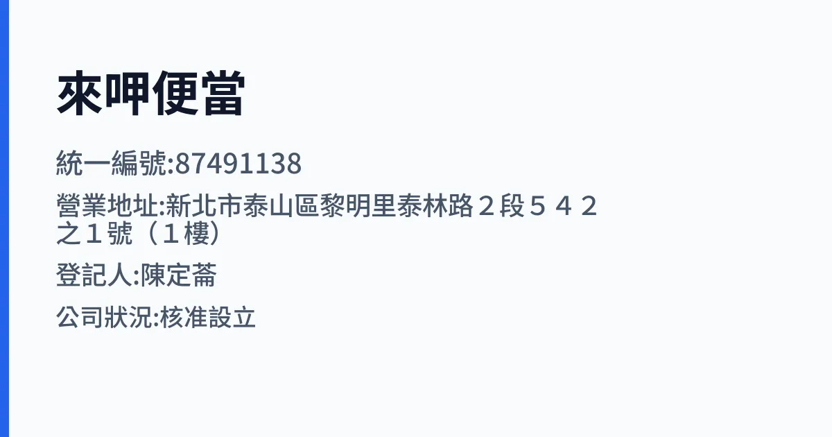 來呷便當 - 統編 87491138(新北市) 公司登記資料與營業項目詳細圖表