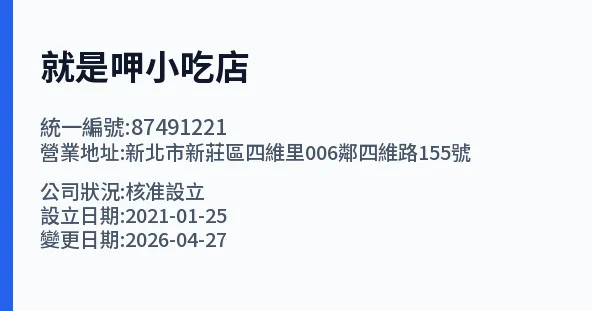 就是呷小吃店的照片-統編 87491221(新北市) 公司登記資料與營業項目詳細圖表