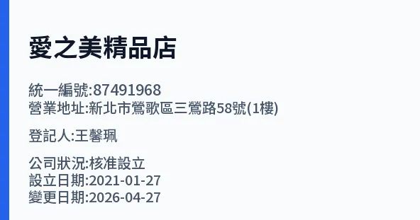 愛之美精品店的照片-統編 87491968(新北市) 公司登記資料與營業項目詳細圖表