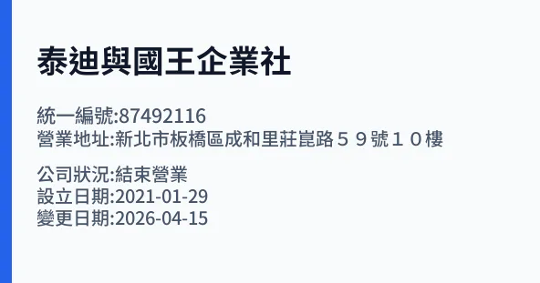 泰迪與國王企業社的照片-統編 87492116(新北市) 公司登記資料與營業項目詳細圖表