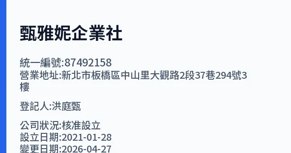 甄雅妮企業社的照片-統編 87492158(新北市) 公司登記資料與營業項目詳細圖表
