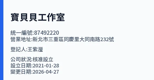 寶貝貝工作室的照片-統編 87492220(新北市) 公司登記資料與營業項目詳細圖表