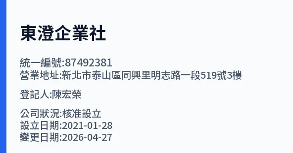 東澄企業社的照片-統編 87492381(新北市) 公司登記資料與營業項目詳細圖表