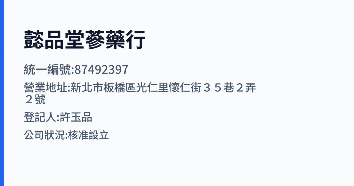 懿品堂蔘藥行 - 統編 87492397(新北市) 公司登記資料與營業項目詳細圖表