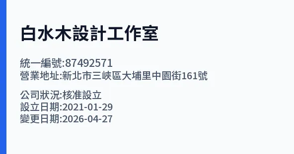 白水木設計工作室的照片-統編 87492571(新北市) 公司登記資料與營業項目詳細圖表