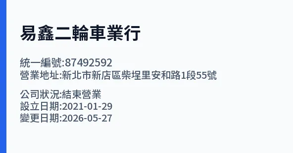 易鑫二輪車業行的照片-統編 87492592(新北市) 公司登記資料與營業項目詳細圖表