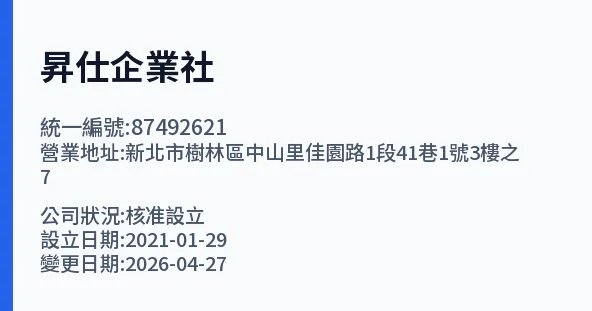 昇仕企業社的照片-統編 87492621(新北市) 公司登記資料與營業項目詳細圖表