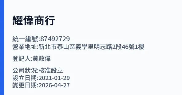 耀偉商行的照片-統編 87492729(新北市) 公司登記資料與營業項目詳細圖表