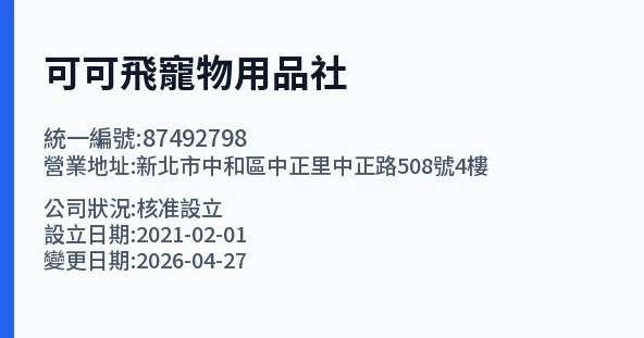 可可飛寵物用品社的照片-統編 87492798(新北市) 公司登記資料與營業項目詳細圖表