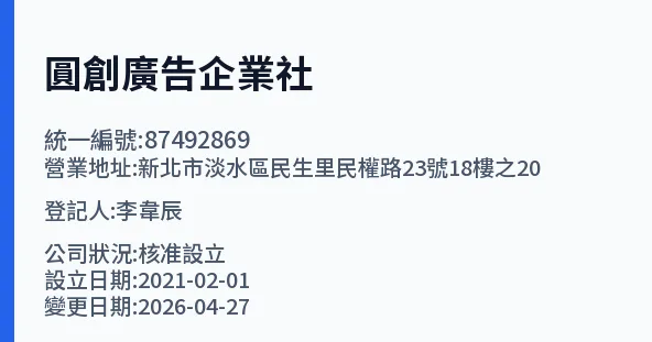 圓創廣告企業社的照片-統編 87492869(新北市) 公司登記資料與營業項目詳細圖表