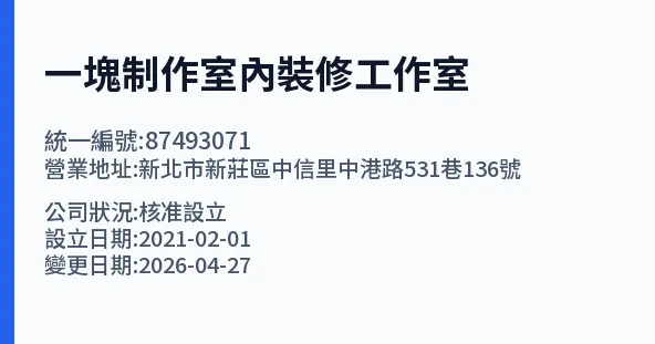 一塊制作室內裝修工作室的照片-統編 87493071(新北市) 公司登記資料與營業項目詳細圖表