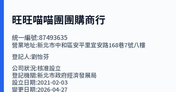 旺旺喵喵團團購商行的照片-統編 87493635(新北市) 公司登記資料與營業項目詳細圖表