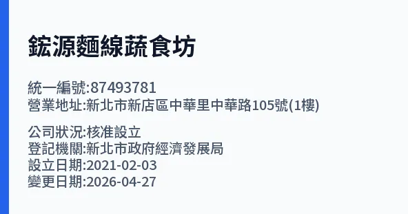 鋐源麵線蔬食坊的照片-統編 87493781(新北市) 公司登記資料與營業項目詳細圖表