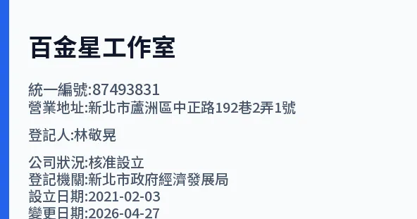 百金星工作室的照片-統編 87493831(新北市) 公司登記資料與營業項目詳細圖表