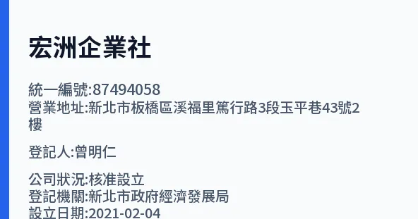 宏洲企業社的照片-統編 87494058(新北市) 公司登記資料與營業項目詳細圖表