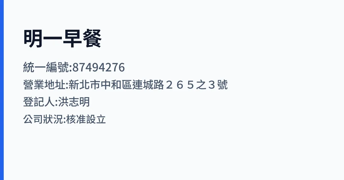 明一早餐 - 統編 87494276(新北市) 公司登記資料與營業項目詳細圖表