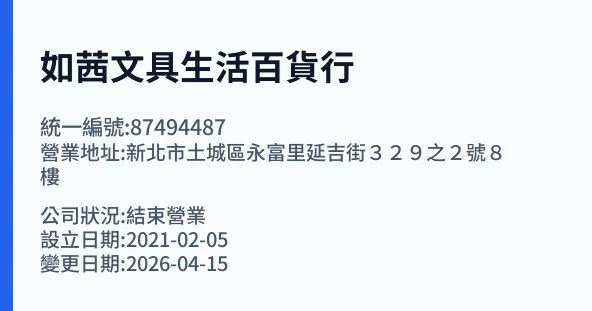 如茜文具生活百貨行的照片-統編 87494487(新北市) 公司登記資料與營業項目詳細圖表