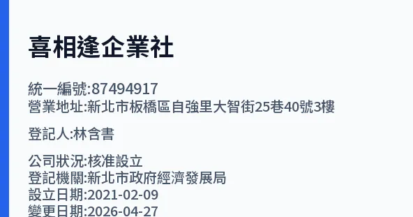 喜相逢企業社的照片-統編 87494917(新北市) 公司登記資料與營業項目詳細圖表