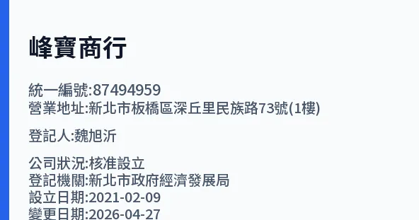峰寶商行的照片-統編 87494959(新北市) 公司登記資料與營業項目詳細圖表