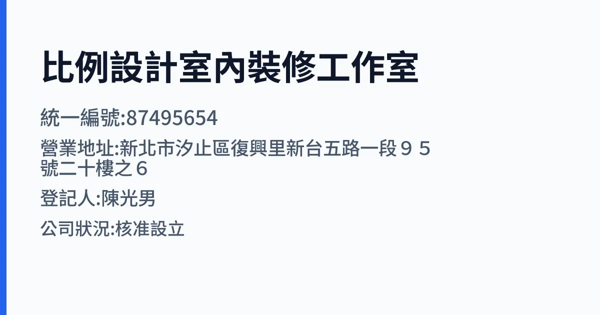 比例設計室內裝修工作室 - 統編 87495654(新北市) 公司登記資料與營業項目詳細圖表