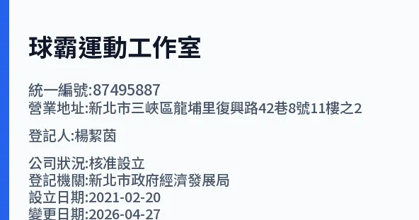 球霸運動工作室的照片-統編 87495887(新北市) 公司登記資料與營業項目詳細圖表