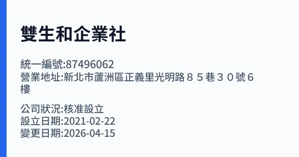 雙生和企業社的照片-統編 87496062(新北市) 公司登記資料與營業項目詳細圖表