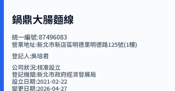 鍋鼎大腸麵線的照片-統編 87496083(新北市) 公司登記資料與營業項目詳細圖表