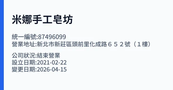 米娜手工皂坊的照片-統編 87496099(新北市) 公司登記資料與營業項目詳細圖表