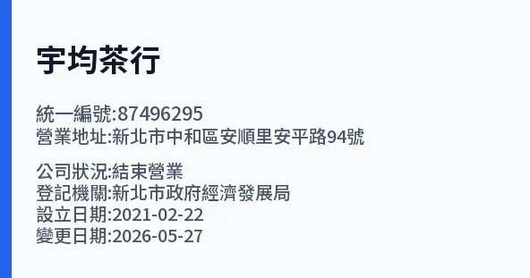 宇均茶行的照片-統編 87496295(新北市) 公司登記資料與營業項目詳細圖表