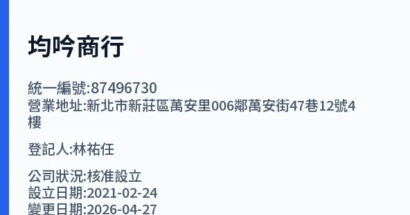 均吟商行的照片-統編 87496730(新北市) 公司登記資料與營業項目詳細圖表