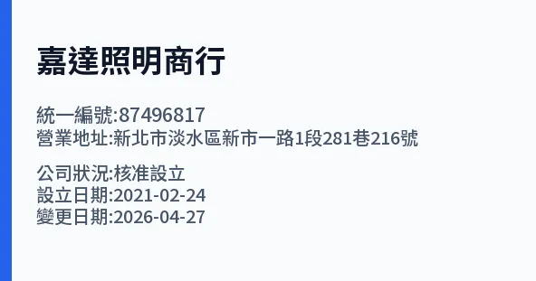 嘉達照明商行的照片-統編 87496817(新北市) 公司登記資料與營業項目詳細圖表