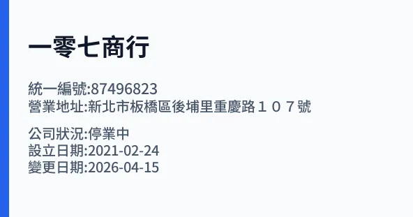 一零七商行的照片-統編 87496823(新北市) 公司登記資料與營業項目詳細圖表
