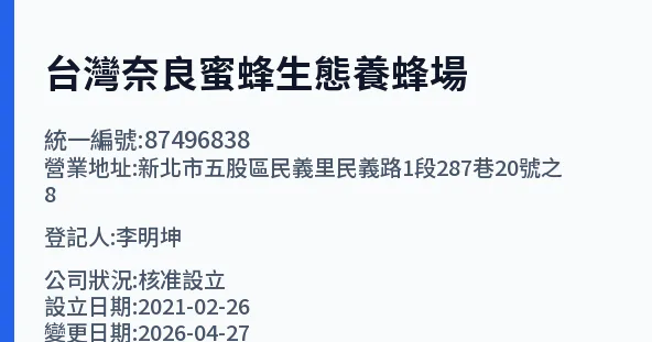 台灣奈良蜜蜂生態養蜂場的照片-統編 87496838(新北市) 公司登記資料與營業項目詳細圖表