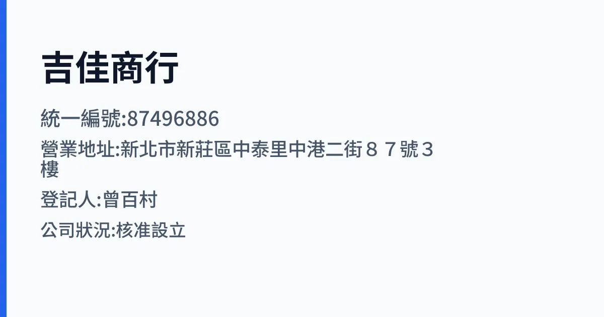 吉佳商行 - 統編 87496886(新北市) 公司登記資料與營業項目詳細圖表