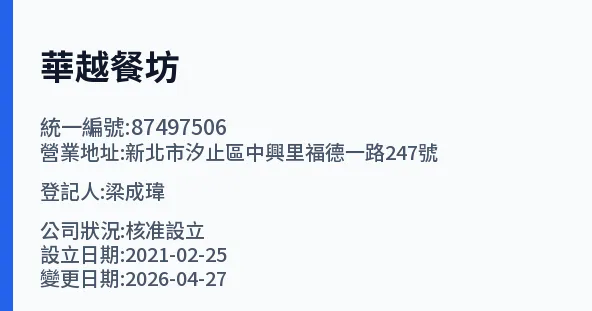 華越餐坊的照片-統編 87497506(新北市) 公司登記資料與營業項目詳細圖表