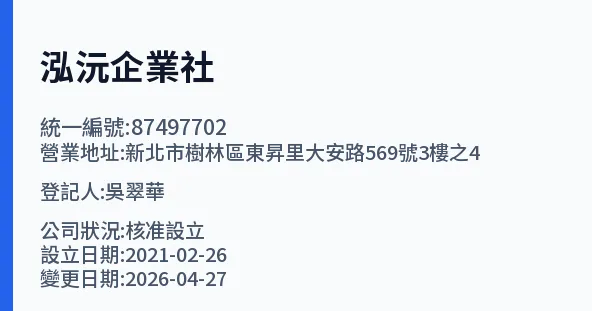 泓沅企業社的照片-統編 87497702(新北市) 公司登記資料與營業項目詳細圖表