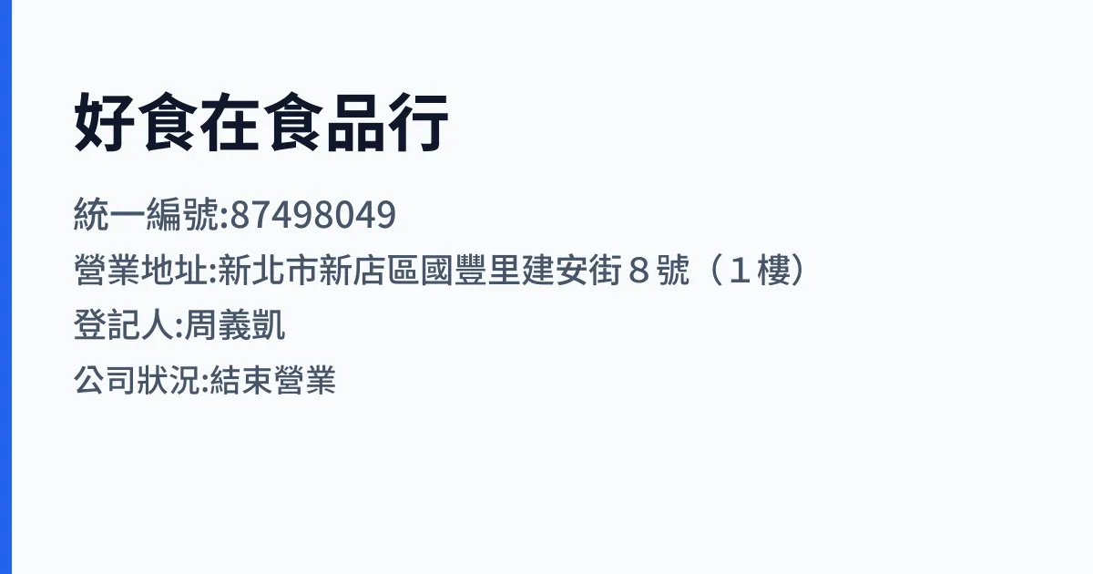 好食在食品行 - 統編 87498049(新北市) 公司登記資料與營業項目詳細圖表