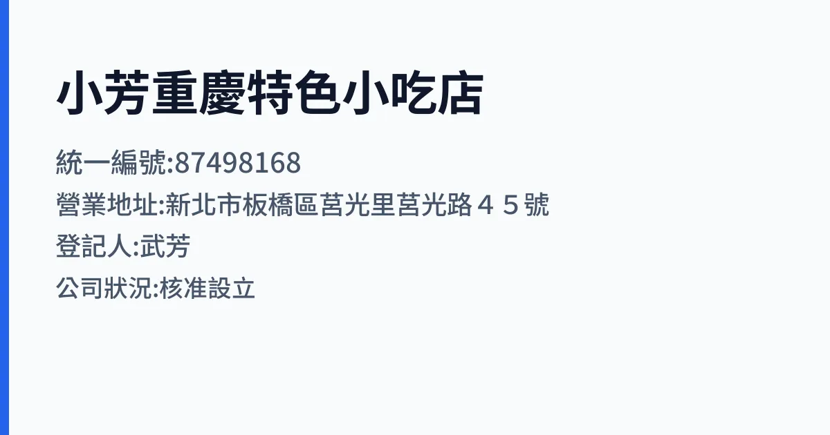 小芳重慶特色小吃店 - 統編 87498168(新北市) 公司登記資料與營業項目詳細圖表