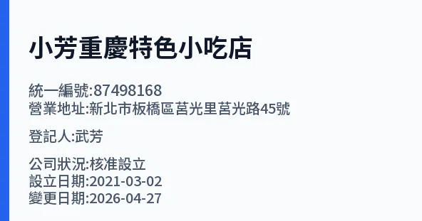 小芳重慶特色小吃店的照片-統編 87498168(新北市) 公司登記資料與營業項目詳細圖表