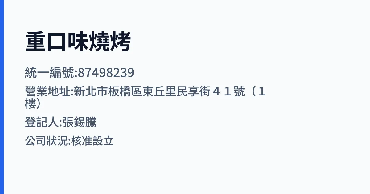 重口味燒烤 - 統編 87498239(新北市) 公司登記資料與營業項目詳細圖表