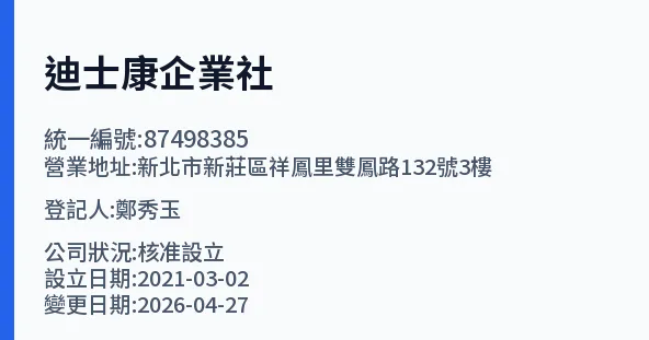 迪士康企業社的照片-統編 87498385(新北市) 公司登記資料與營業項目詳細圖表