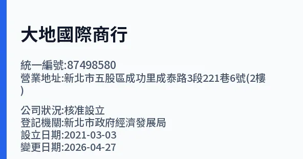 大地國際商行的照片-統編 87498580(新北市) 公司登記資料與營業項目詳細圖表