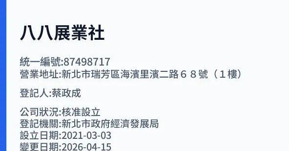 八八展業社的照片-統編 87498717(新北市) 公司登記資料與營業項目詳細圖表