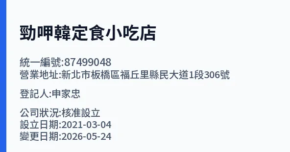 勁呷韓定食小吃店的照片-統編 87499048(新北市) 公司登記資料與營業項目詳細圖表